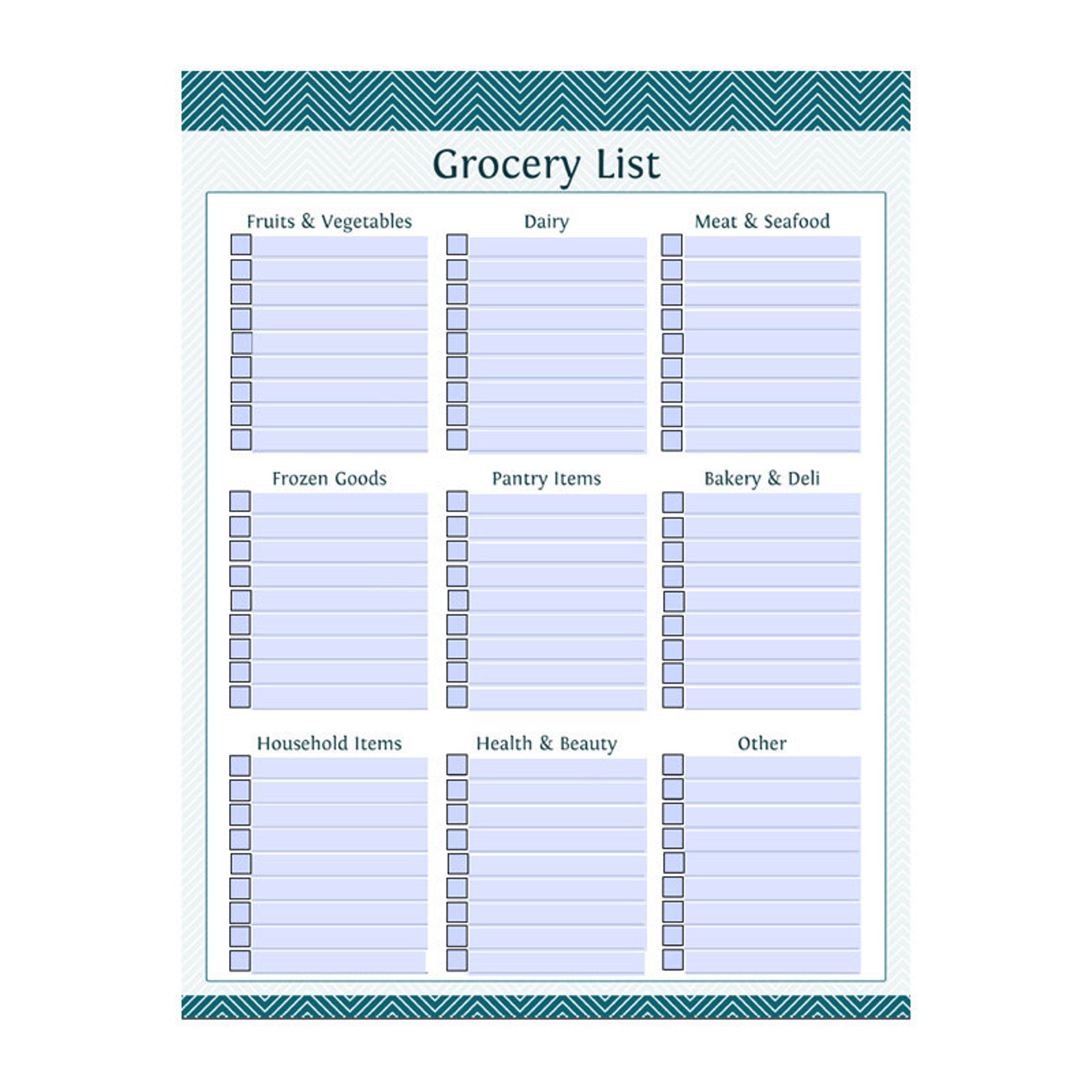 Grocery Shopping List With Categories Chevron- Fillable - Printable PDF ...