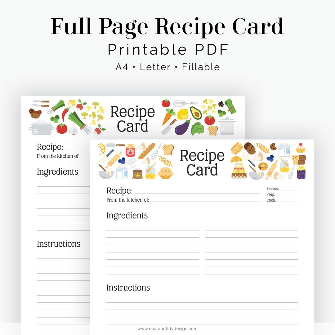Recipe Card Full Page - 5 Illustrated Headers, Cute Recipe Page ...