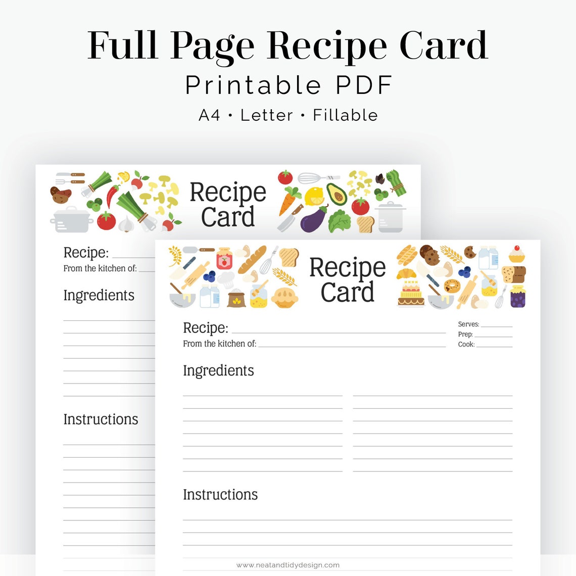 Recipe Card Full Page - 5 Illustrated Headers, Cute Recipe Page ...