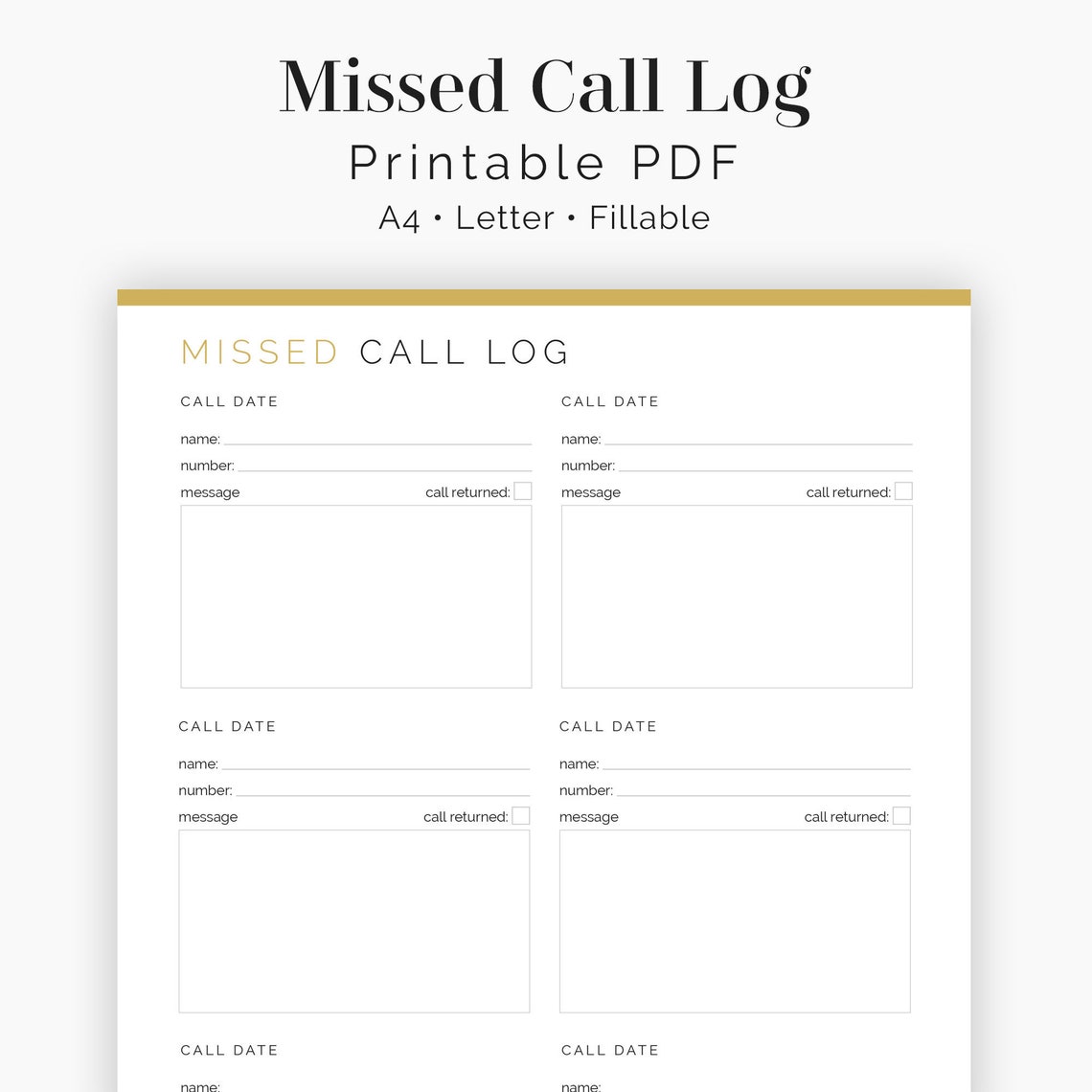 Missed Call Log, Incoming Call Log - Fillable - Printable PDF ...