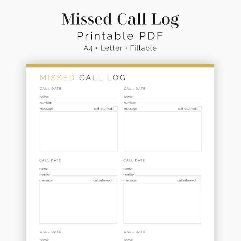 Missed Call Log, Incoming Call Log - Fillable - Printable PDF ...