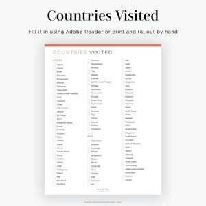 Countries Visited Checklist - Fillable - Travel Planner, Vacation ...