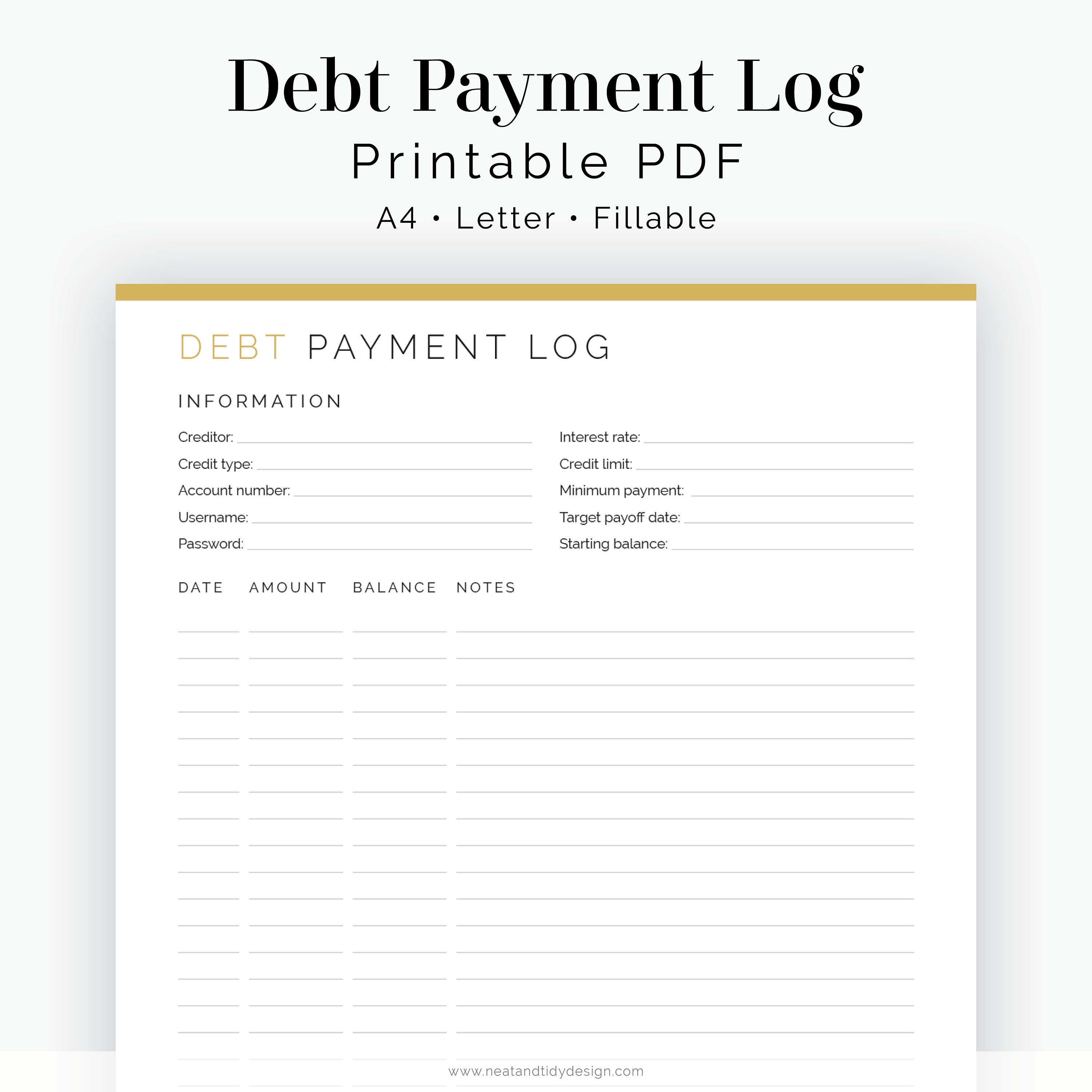 Debt Payment Log - Fillable - Printable PDF - Finance Planner - Home ...