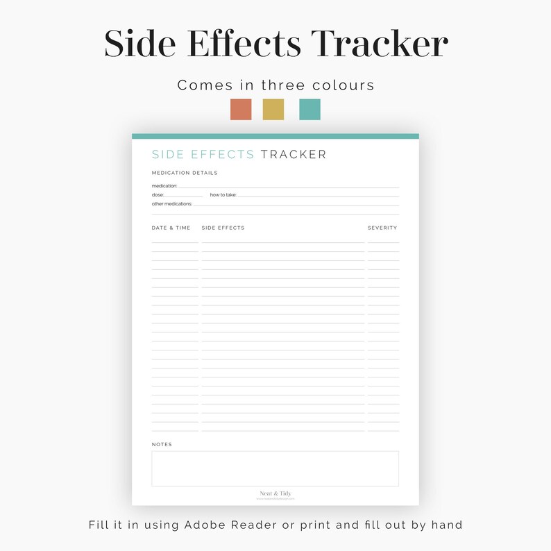 Side Effects Tracker - Fillable - Treatment Planner, Healthcare Planner ...