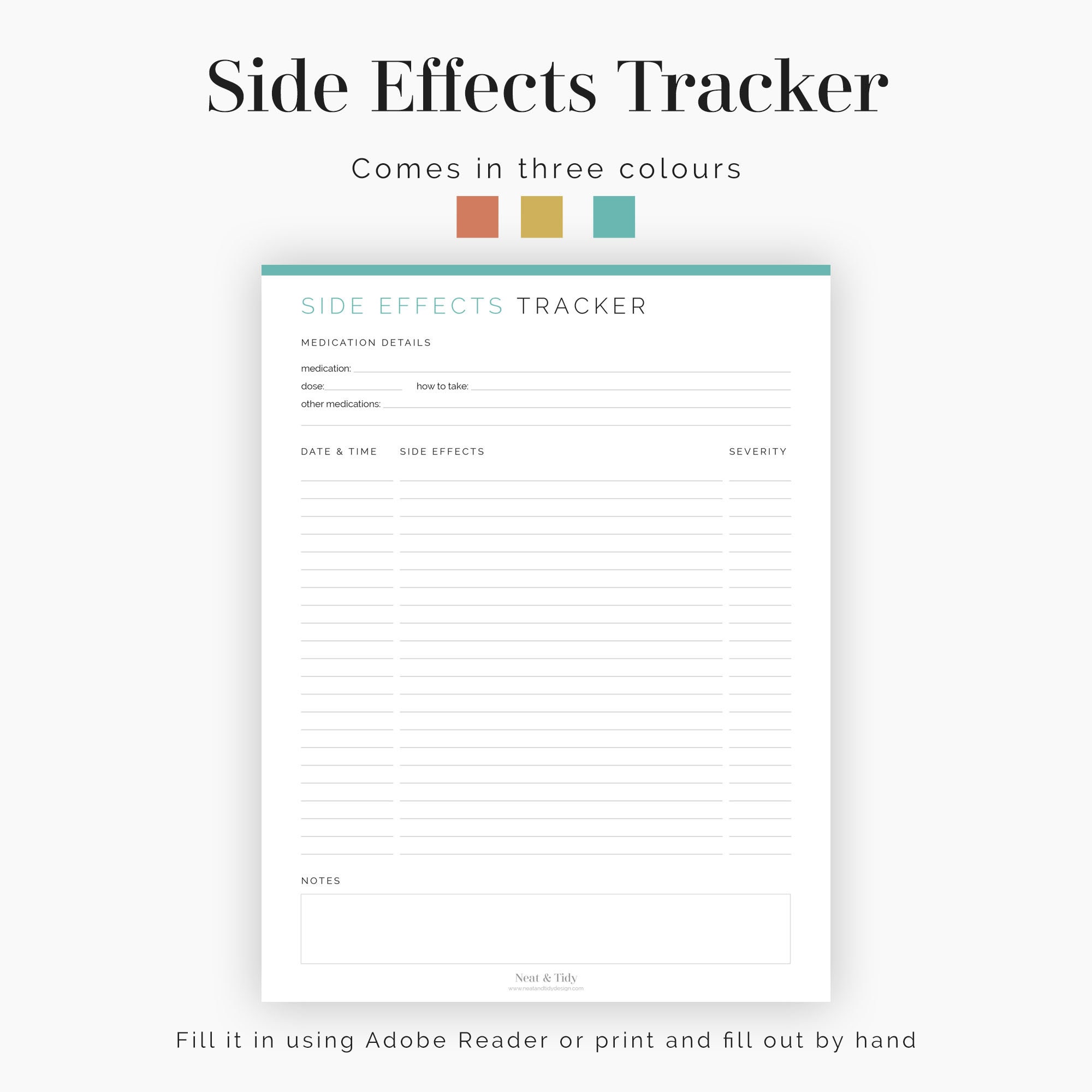 Side Effects Tracker - Fillable - Treatment Planner, Healthcare Planner ...