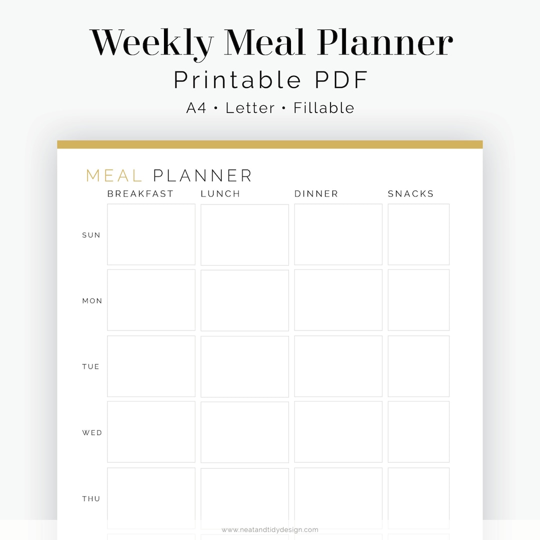 Weekly Meal Planner (sunday or Monday Start) - Fillable - Printable PDF ...
