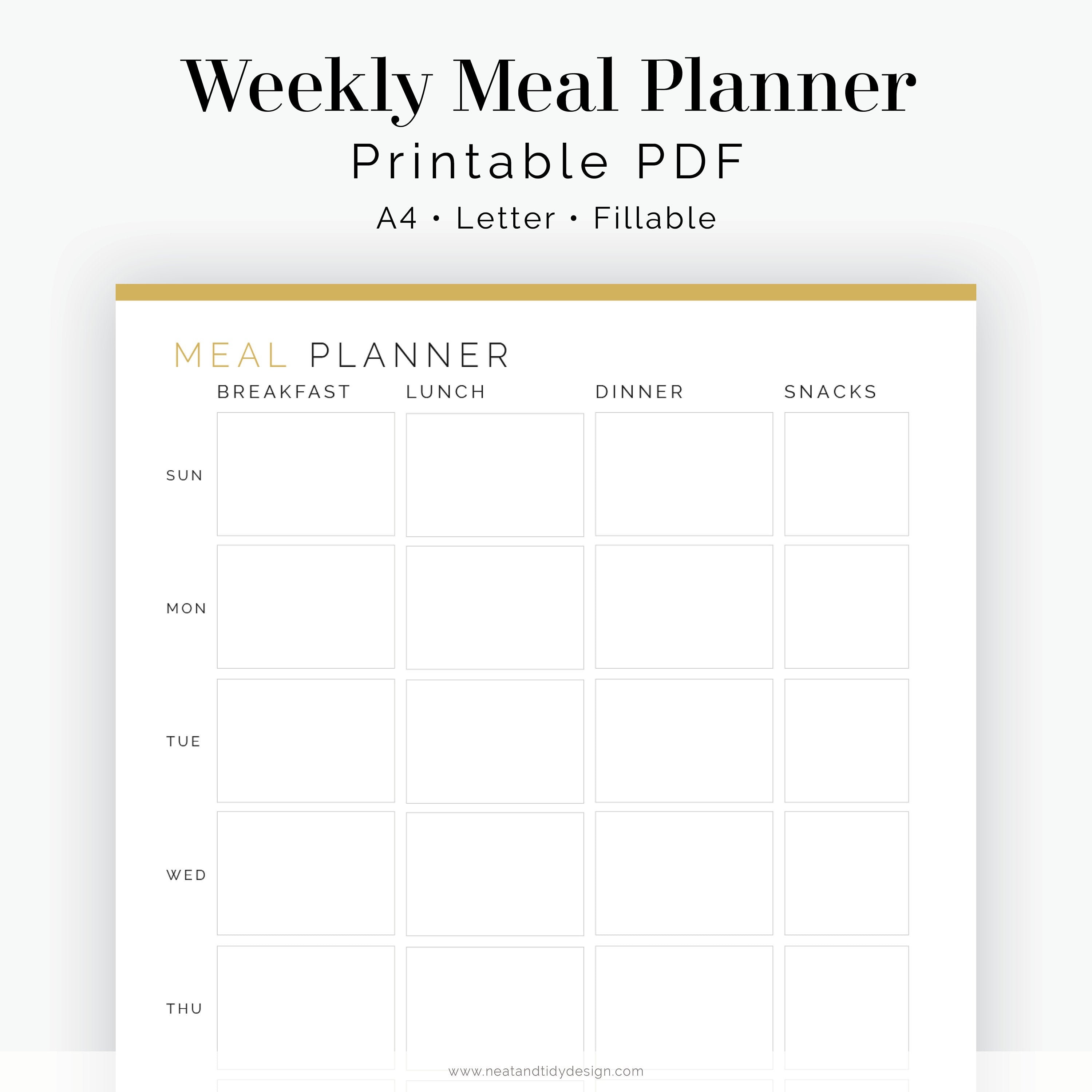 Weekly Meal Planner (sunday or Monday Start) - Fillable - Printable PDF ...