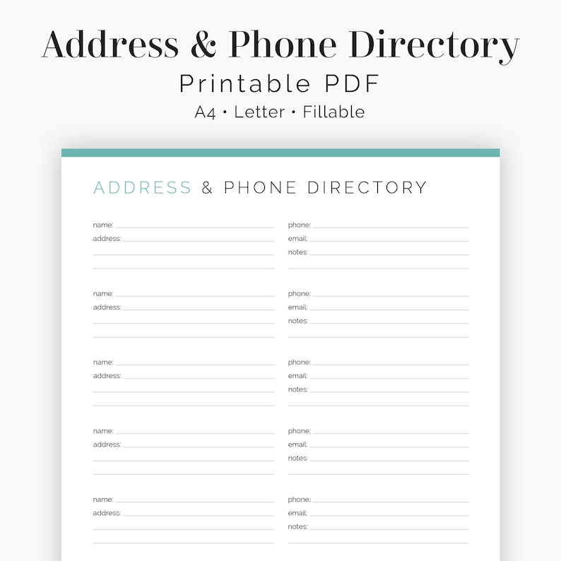 Adresse Annuaire téléphonique Fillable PDF imprimable | Etsy
