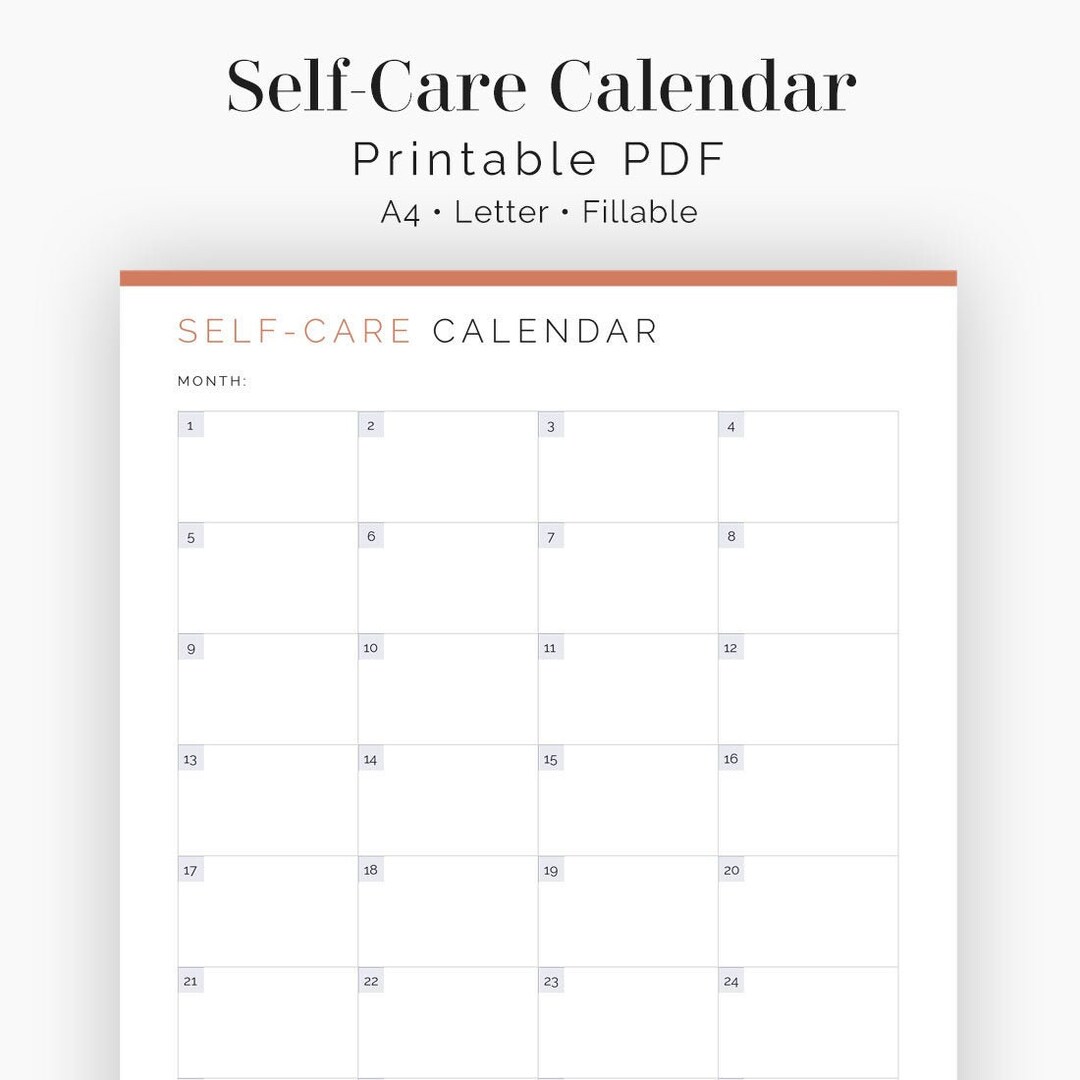 Self-care Calendar - Fillable - Printable PDF - Mental Health Printable ...