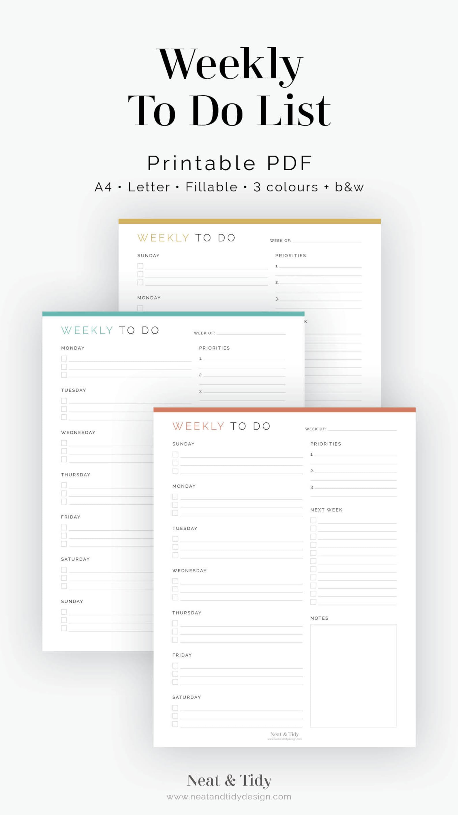 Weekly to Do List V3 Fillable Printable PDF Task - Etsy