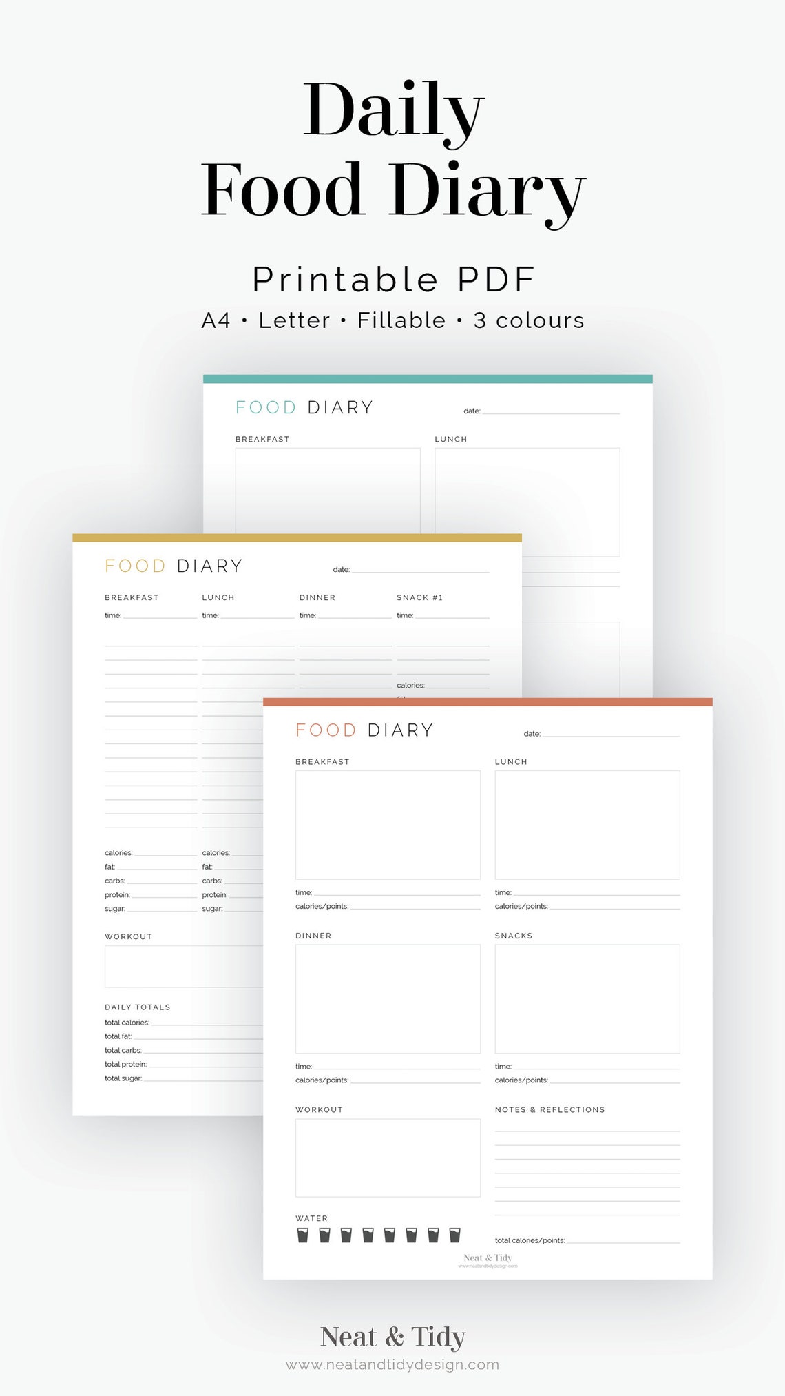 Daily Food Diary 2 Layouts Fillable Printable PDF Dietary Record, Food ...