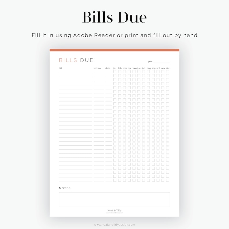 Bills Due Fillable Printable PDF Finance Planner | Etsy