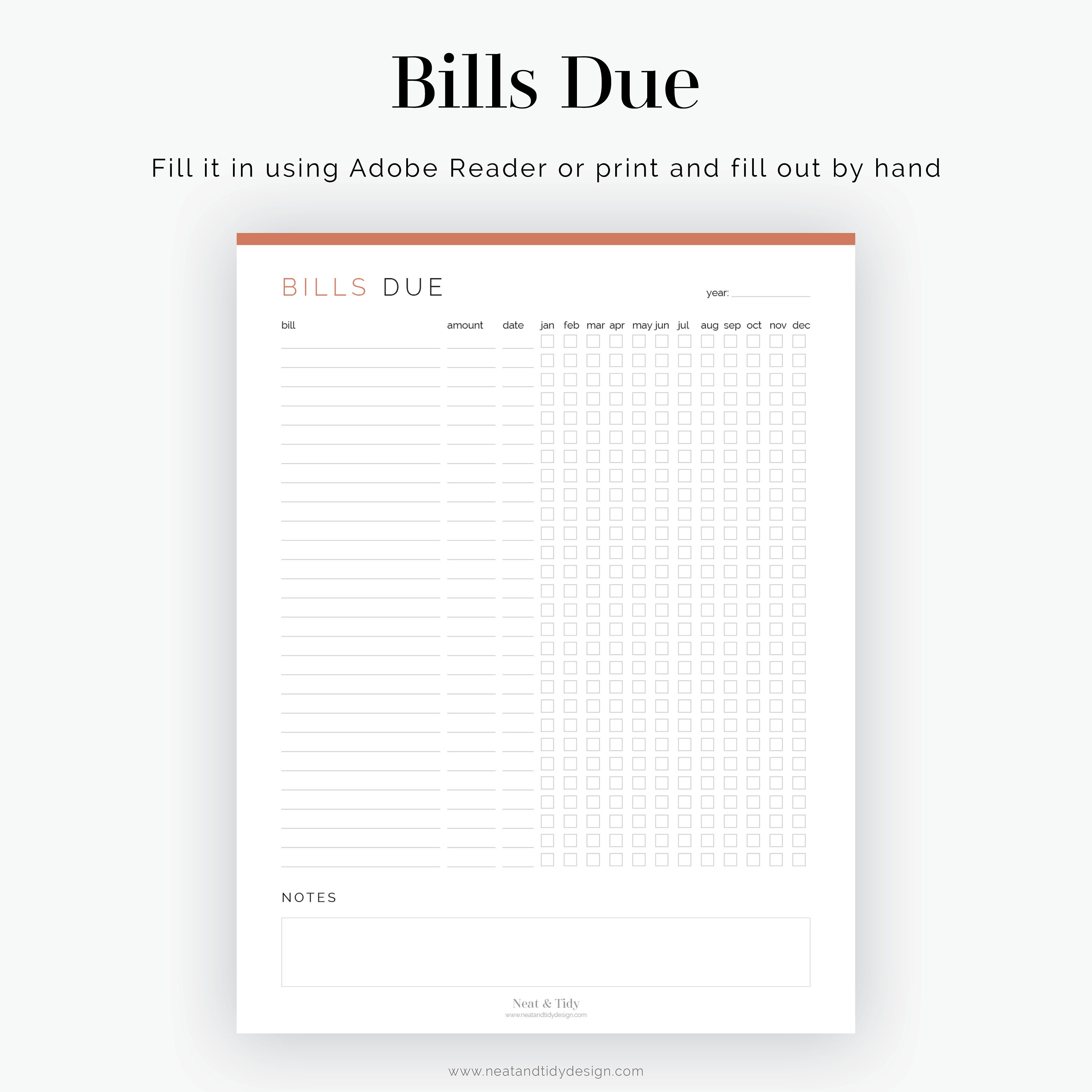 Bills Due - Fillable - Printable PDF - Finance Planner - Finance ...