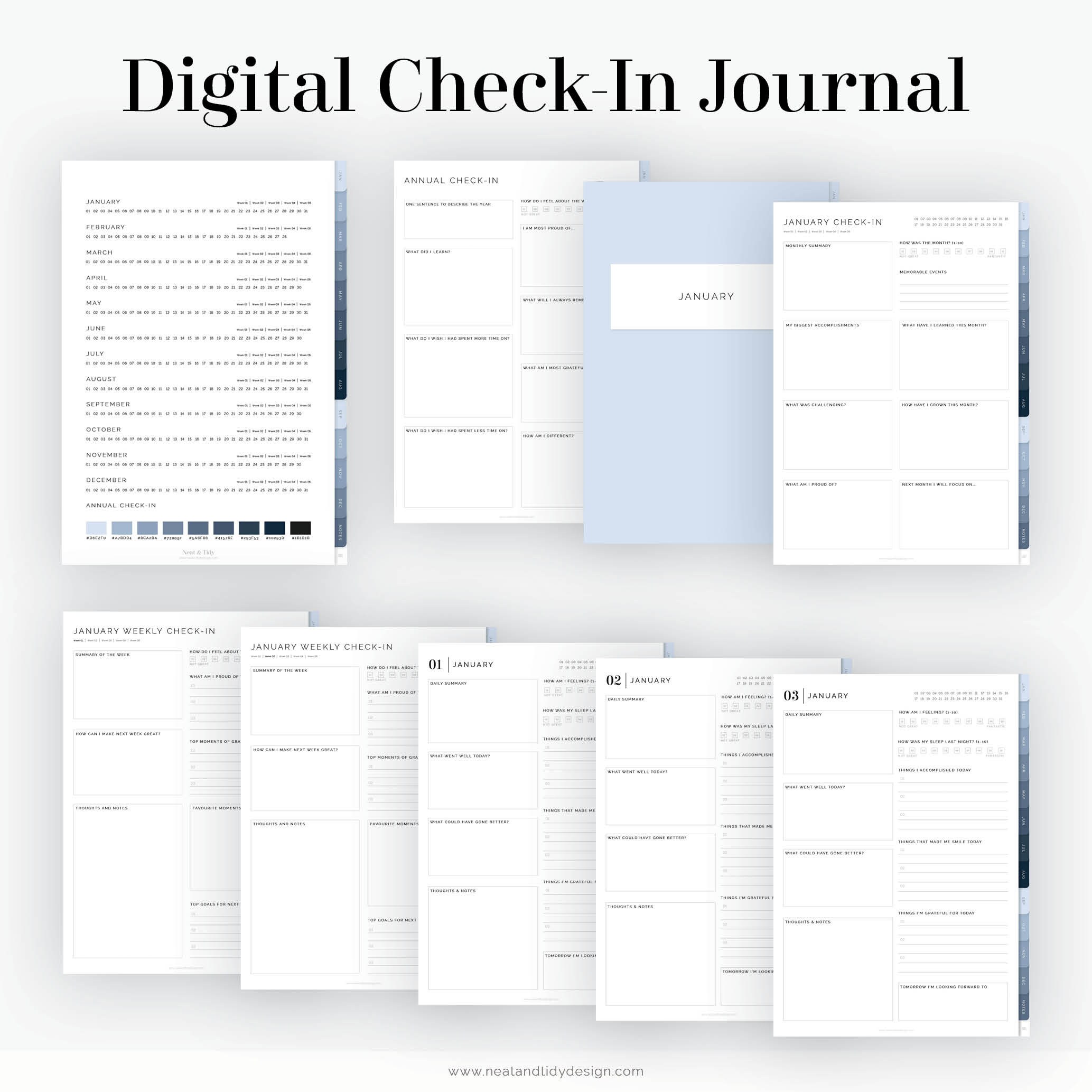 Digital Check-in Journal for Goodnotes blue Hyperlinked Digital Guided ...
