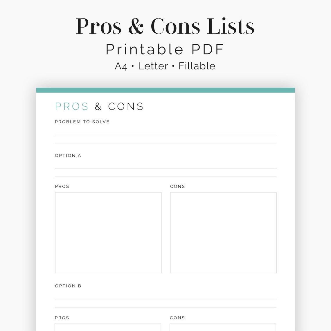 Pros and Cons Lists (2 Layouts) - Fillable - Printable PDF - Decision Making Help, Life Planner ...