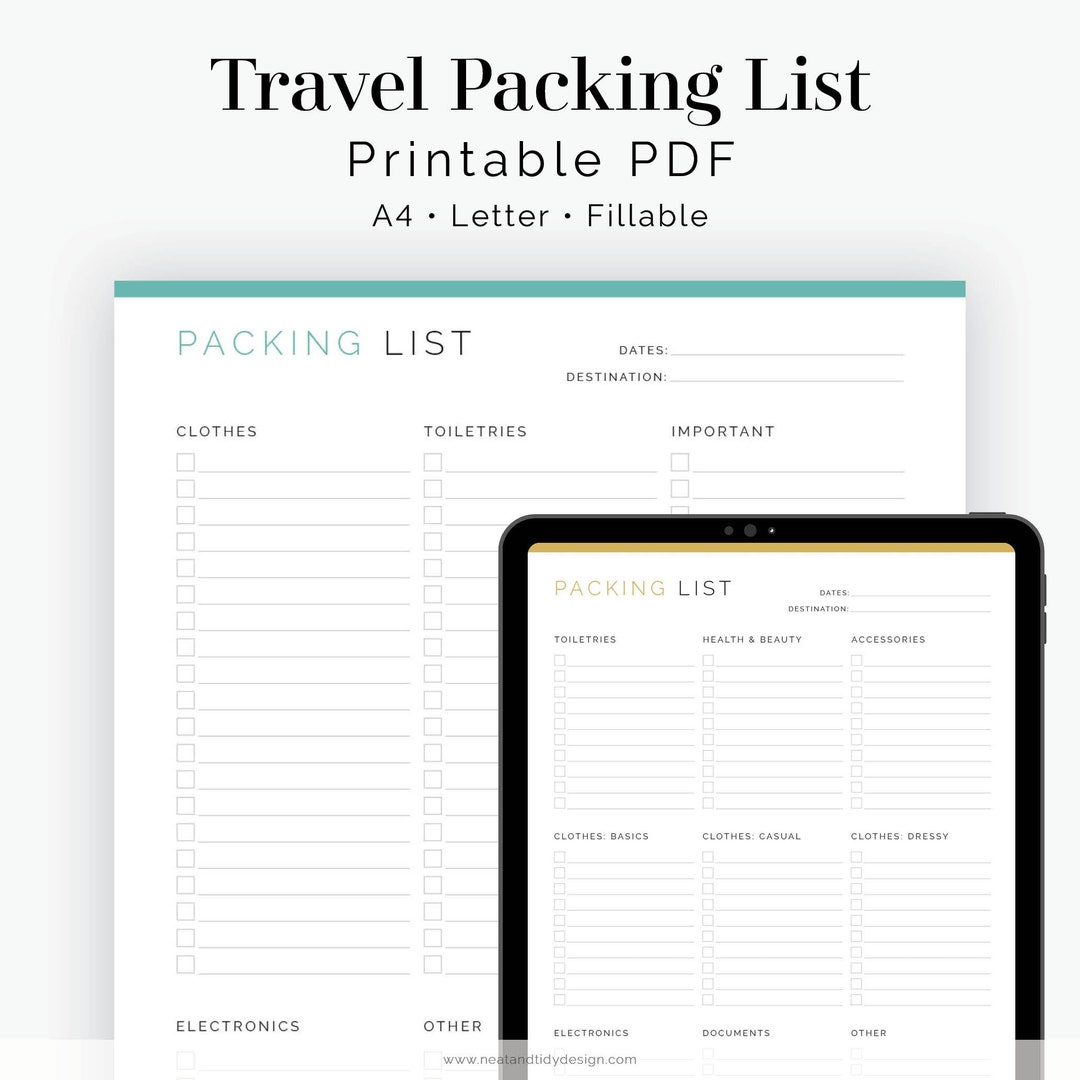 Travel Packing List (2 Layouts) - Fillable - Travel Planner, Vacation ...
