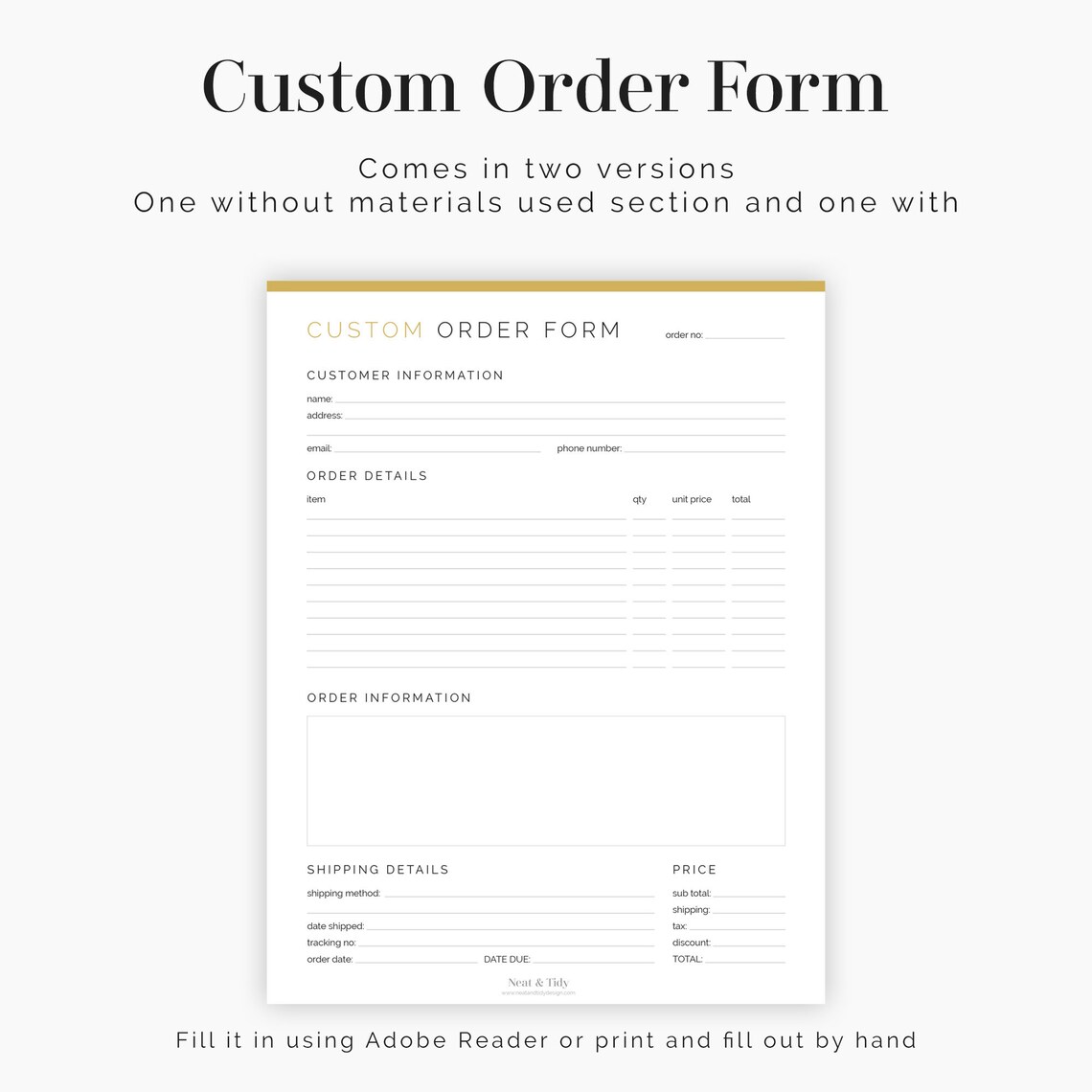 Custom Order Form Fillable Business Planner Printable Organizational ...