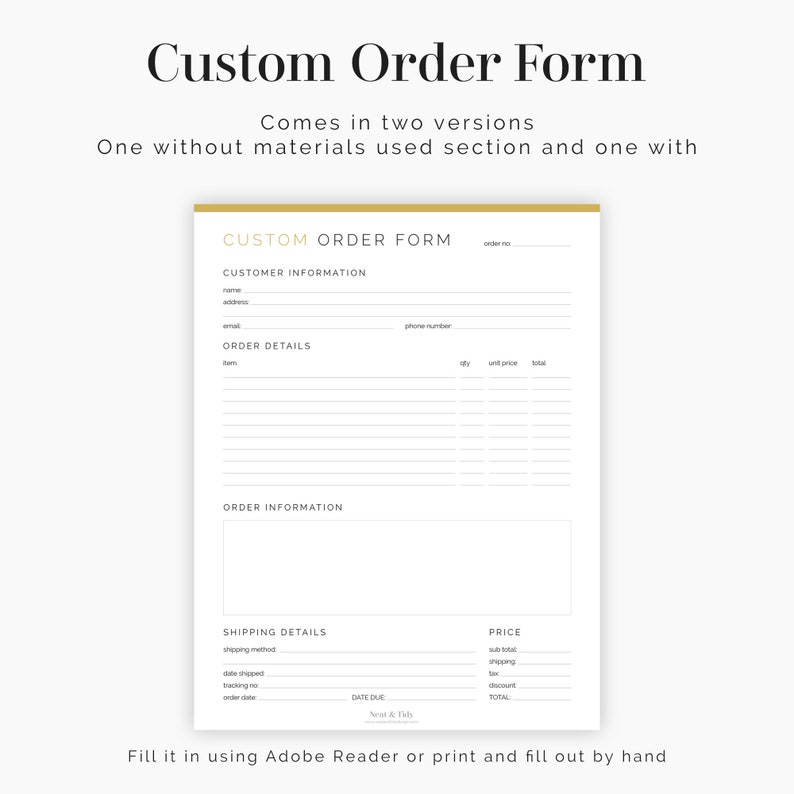 Custom Order Form Fillable Business Planner Printable Organizational ...
