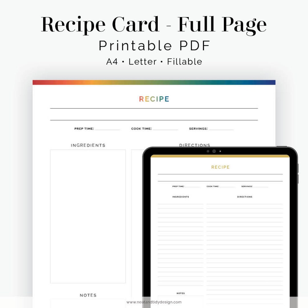 Recipe Card Full Page V14, A4 & Letter - Fillable - Printable PDF ...