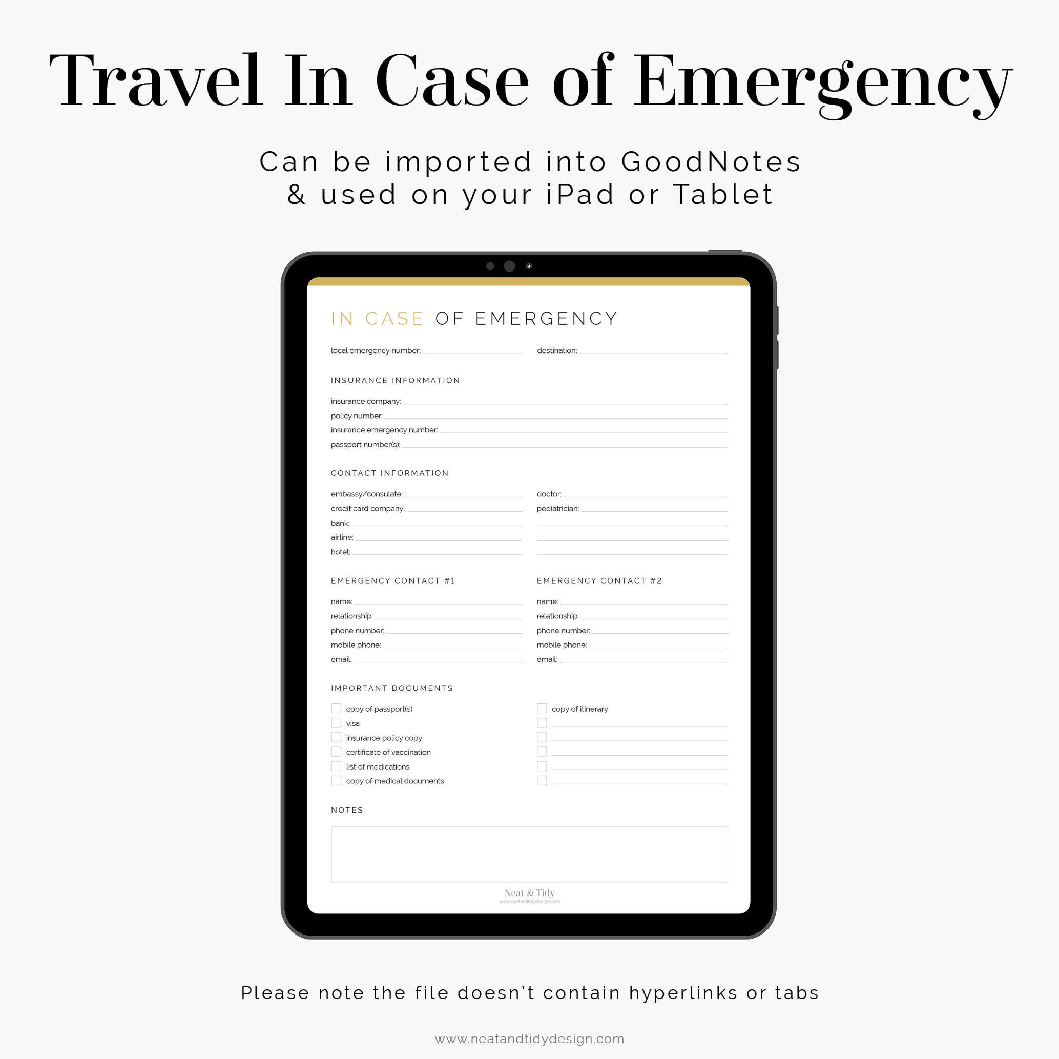 In Case of Emergency - Fillable - Travel Planner, Vacation Planner ...