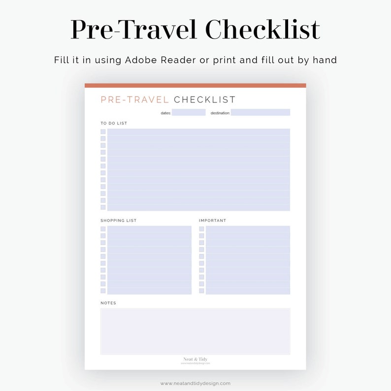 Pre-travel Checklist - Fillable - Travel Planner, Vacation Planner ...
