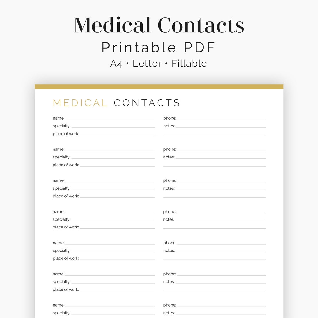 Medical Contacts - Fillable - Healthcare Contact List - Health ...