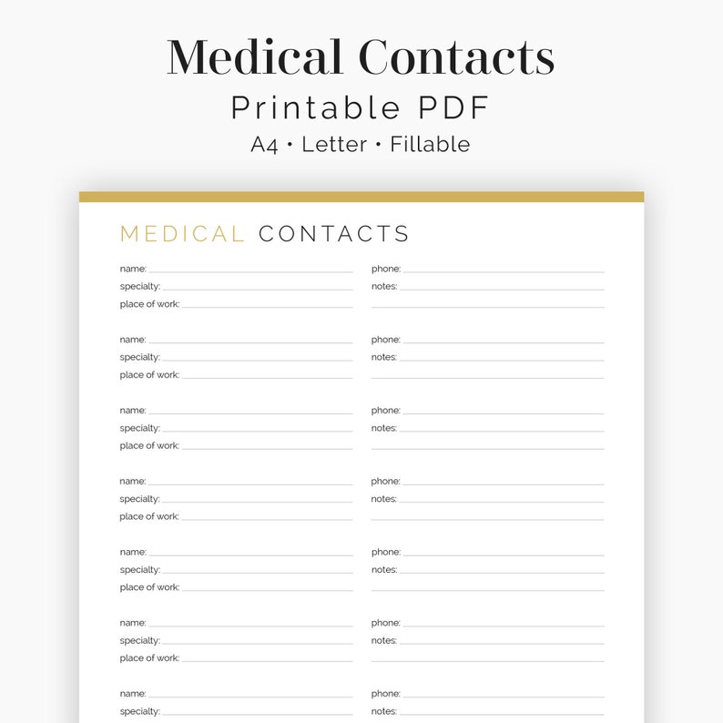 Medical Contacts - Fillable - Healthcare Contact List - Health ...