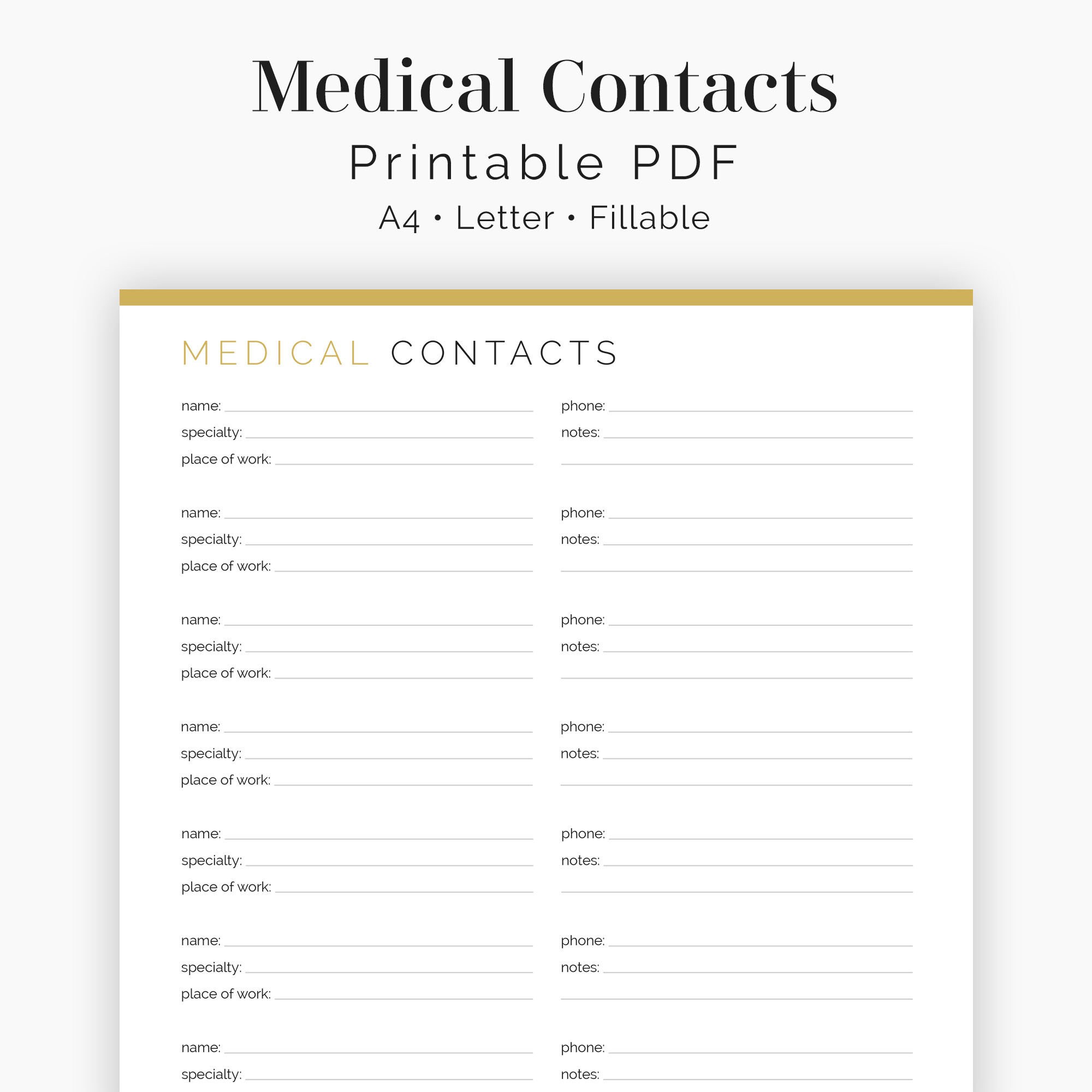 Medical Contacts - Fillable - Healthcare Contact List - Health ...