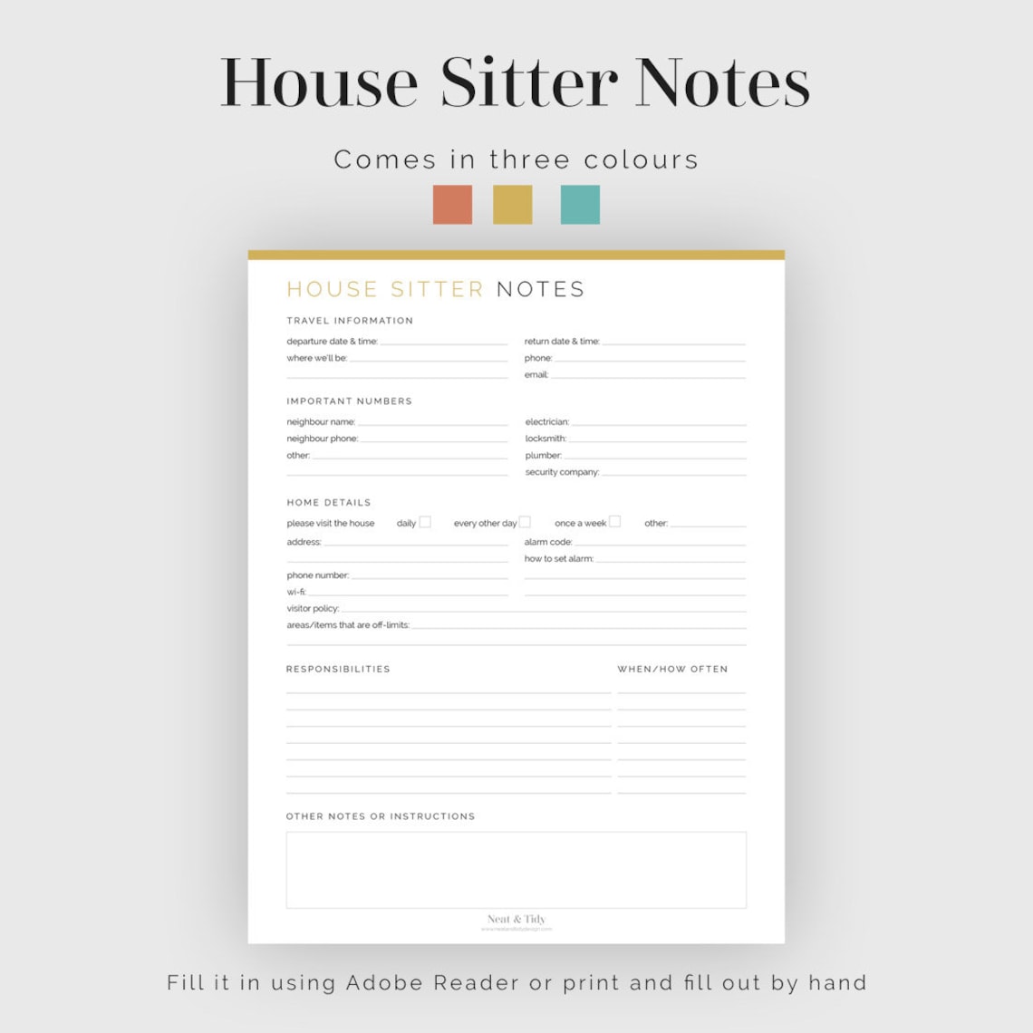 House Sitter Notes - Fillable - Printable PDF - Household Management ...