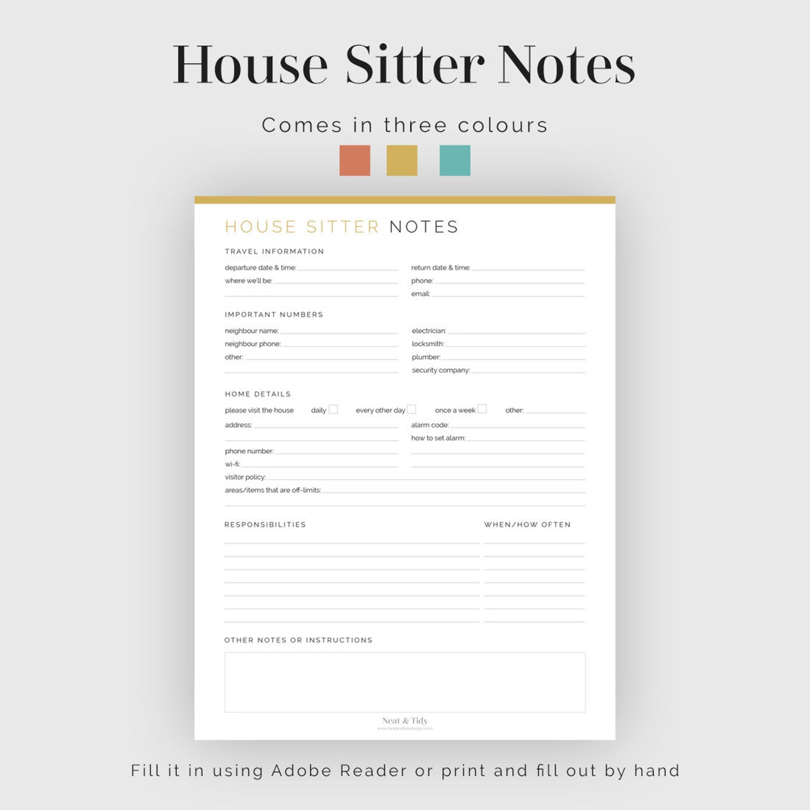 House Sitter Notes - Fillable - Printable PDF - Household Management ...