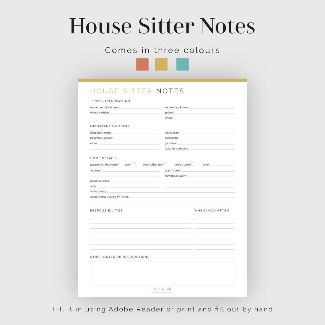 House Sitter Notes - Fillable - Printable PDF - Household Management ...