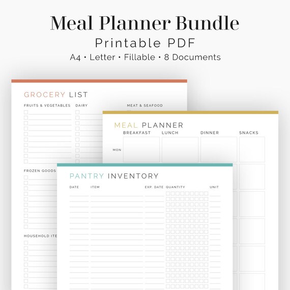 Meal Planner Bundle 9 Documents Fillable Printable PDF | Etsy
