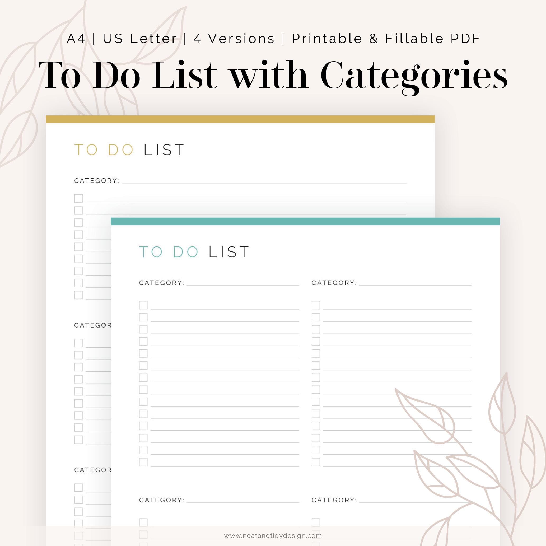 To Do List With Categories (4 Versions) - Fillable & Printable PDF ...
