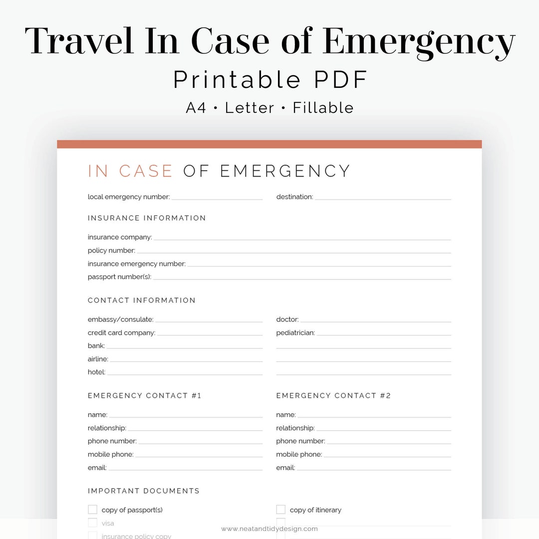 In Case of Emergency - Fillable - Travel Planner, Vacation Planner ...