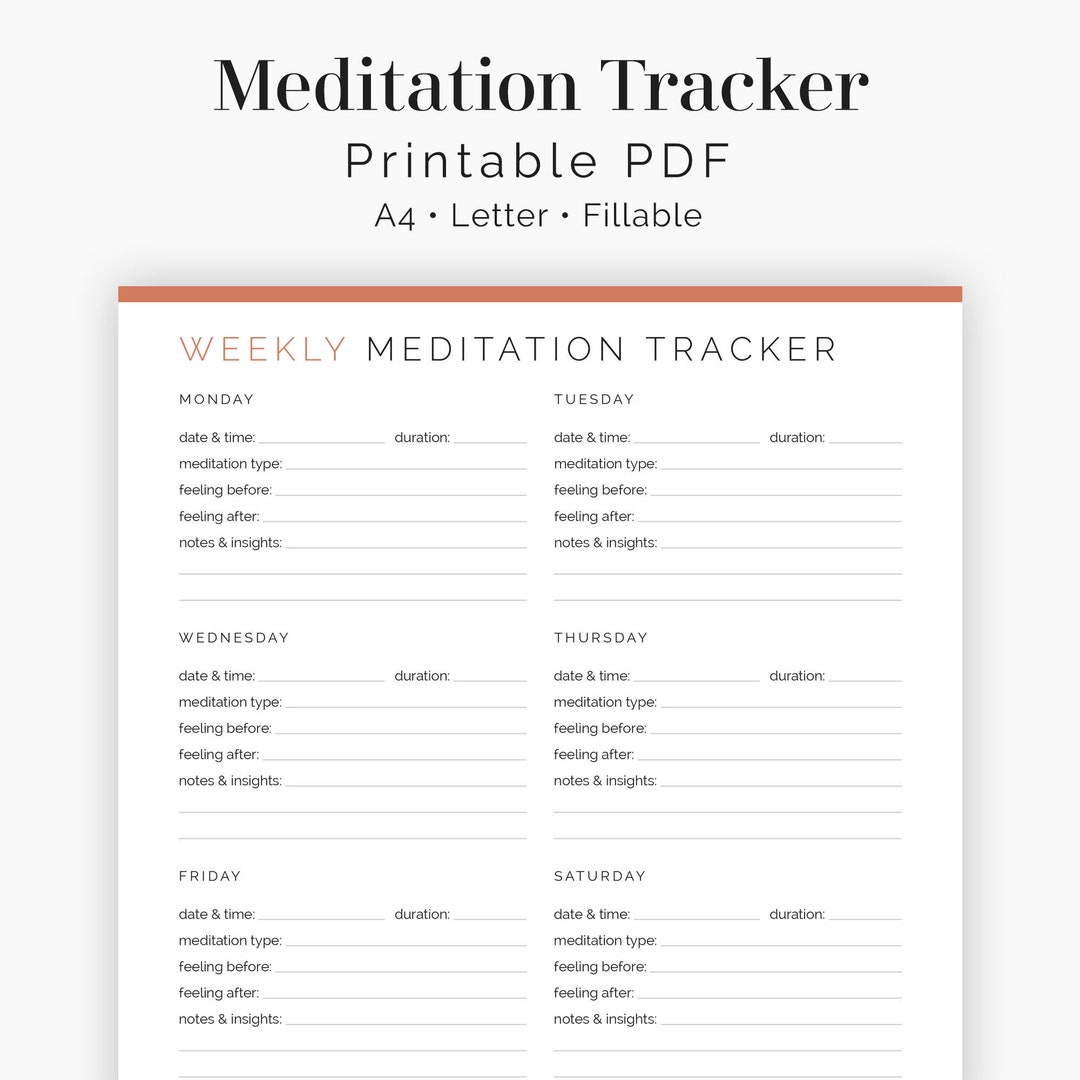 Meditation Tracker - Fillable - Printable PDF - Mental Health Printable ...