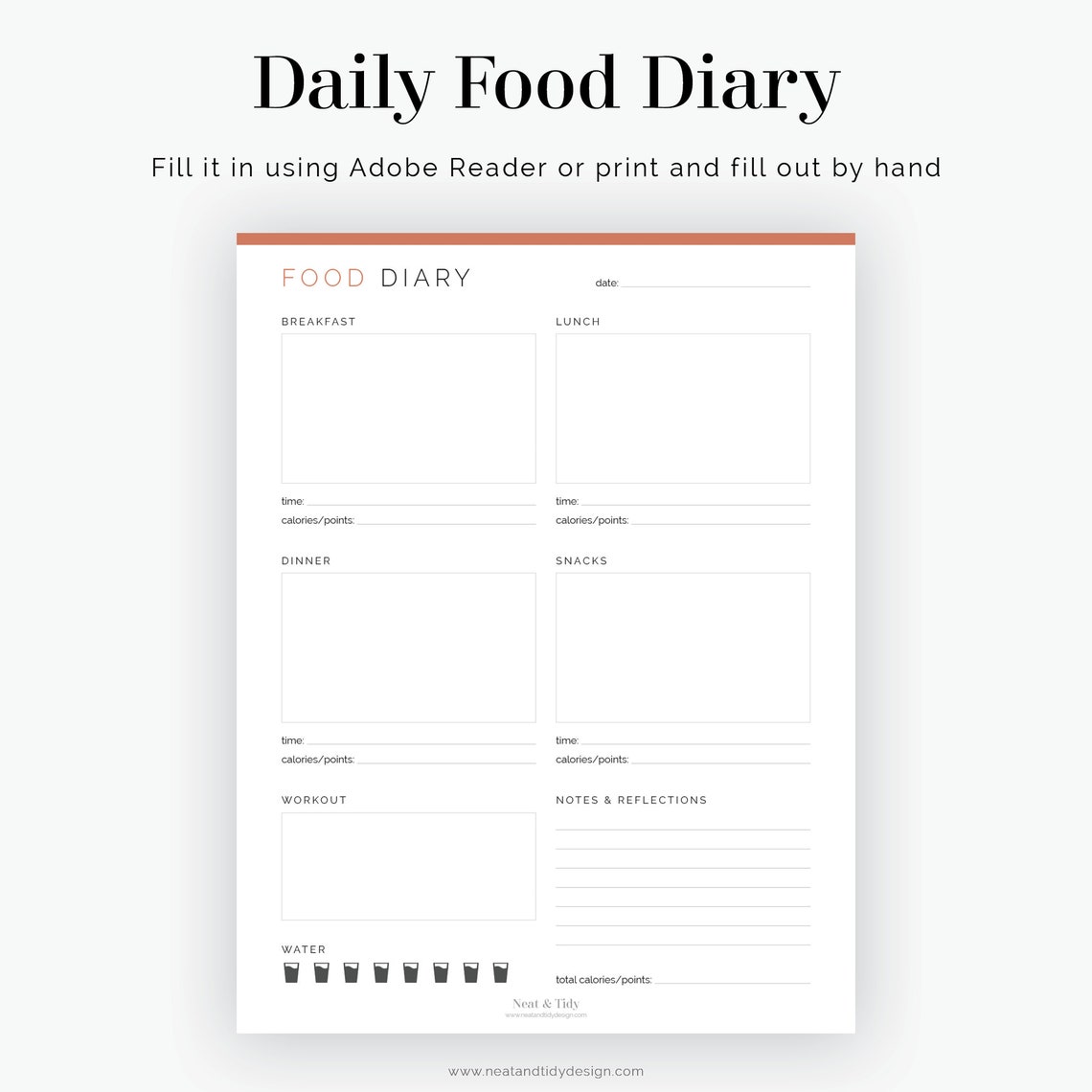Daily Food Diary 2 Layouts Fillable Printable PDF Dietary Record, Food ...
