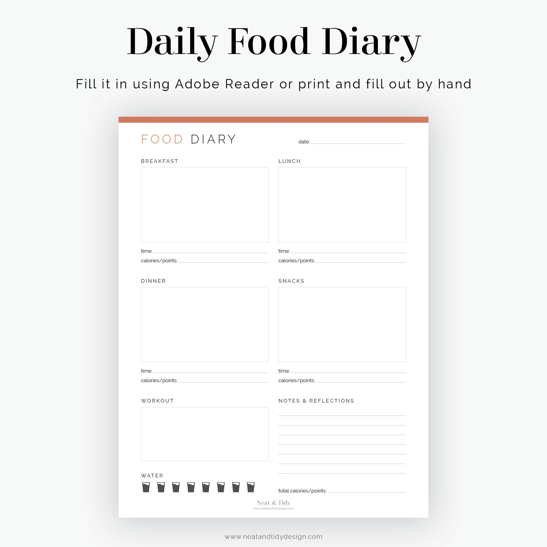 Daily Food Diary 2 Layouts Fillable Printable PDF Dietary Record, Food ...
