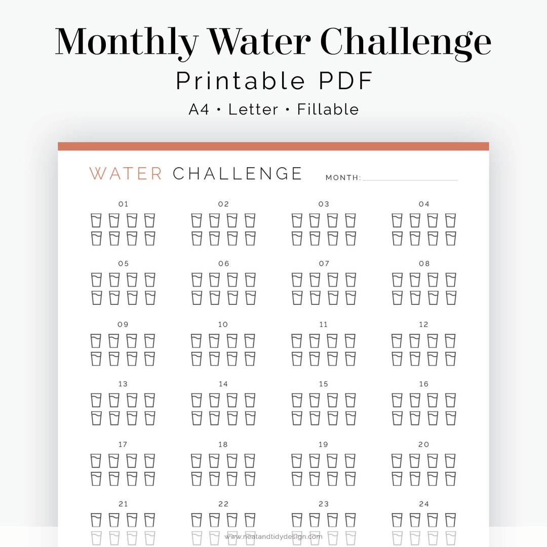 Monthly Water Challenge - Fillable - Printable PDF - Hydration Tracker ...