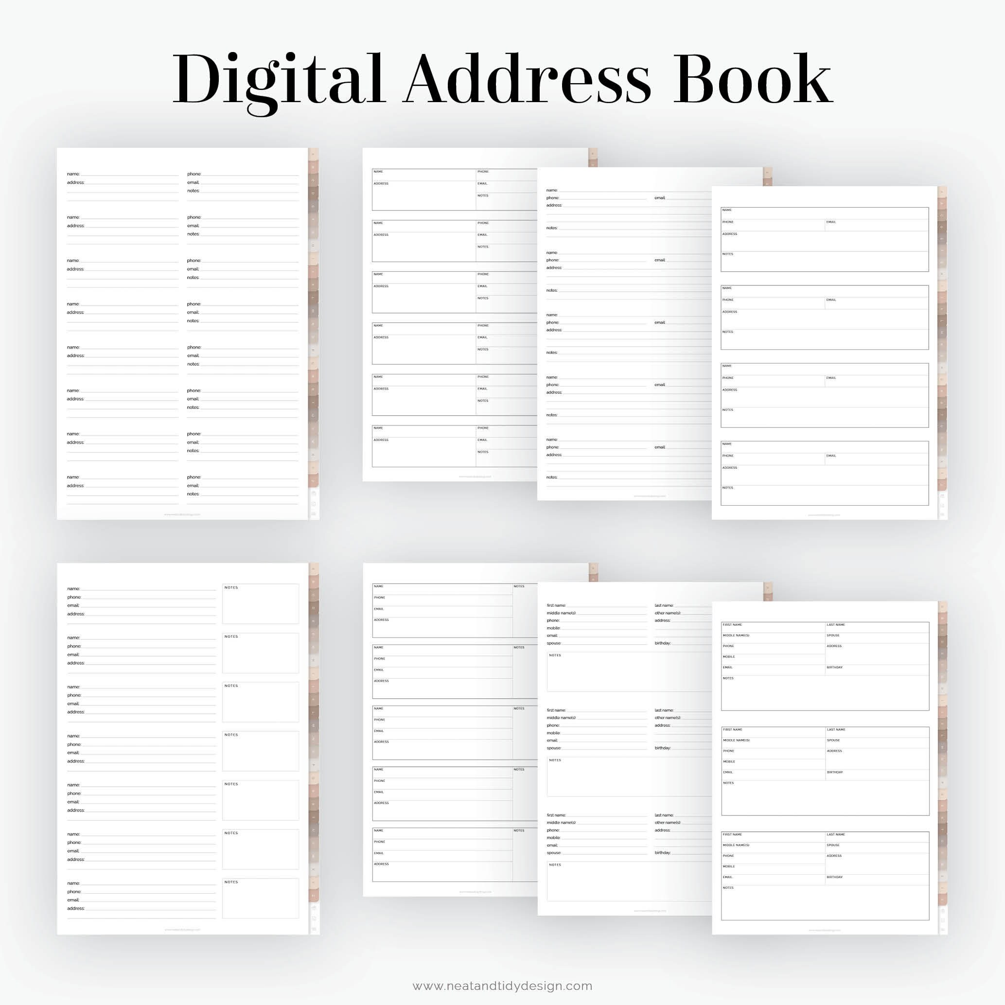 Digital Address Book for Goodnotes & Notability neutral Hyperlinked ...