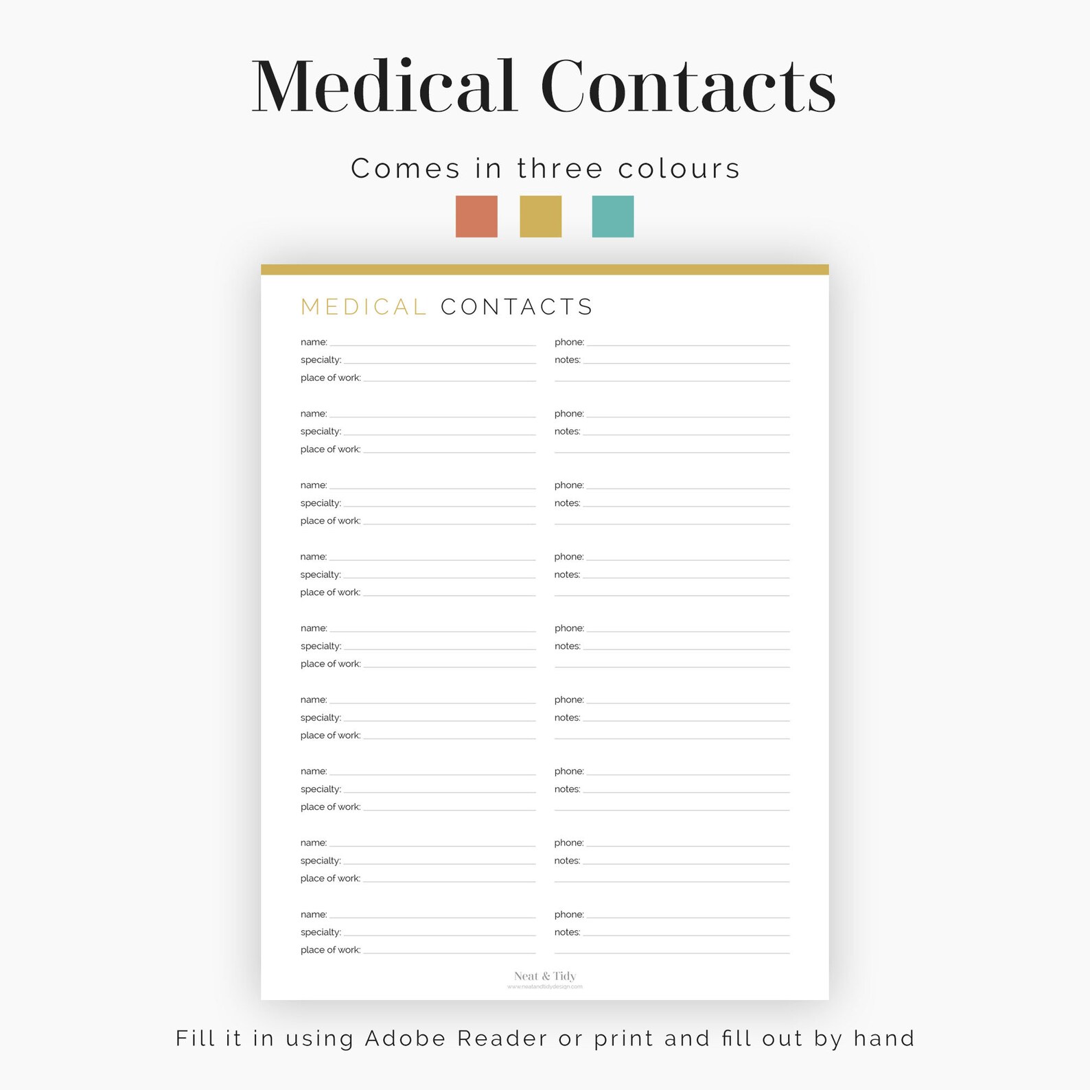 Medical Contacts - Fillable - Healthcare Contact List - Health ...