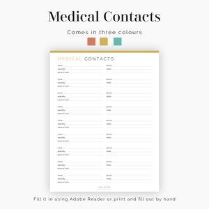 Medical Contacts - Fillable - Healthcare Contact List - Health ...