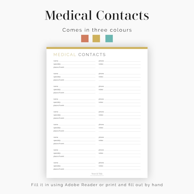 Medical Contacts - Fillable - Healthcare Contact List - Health ...