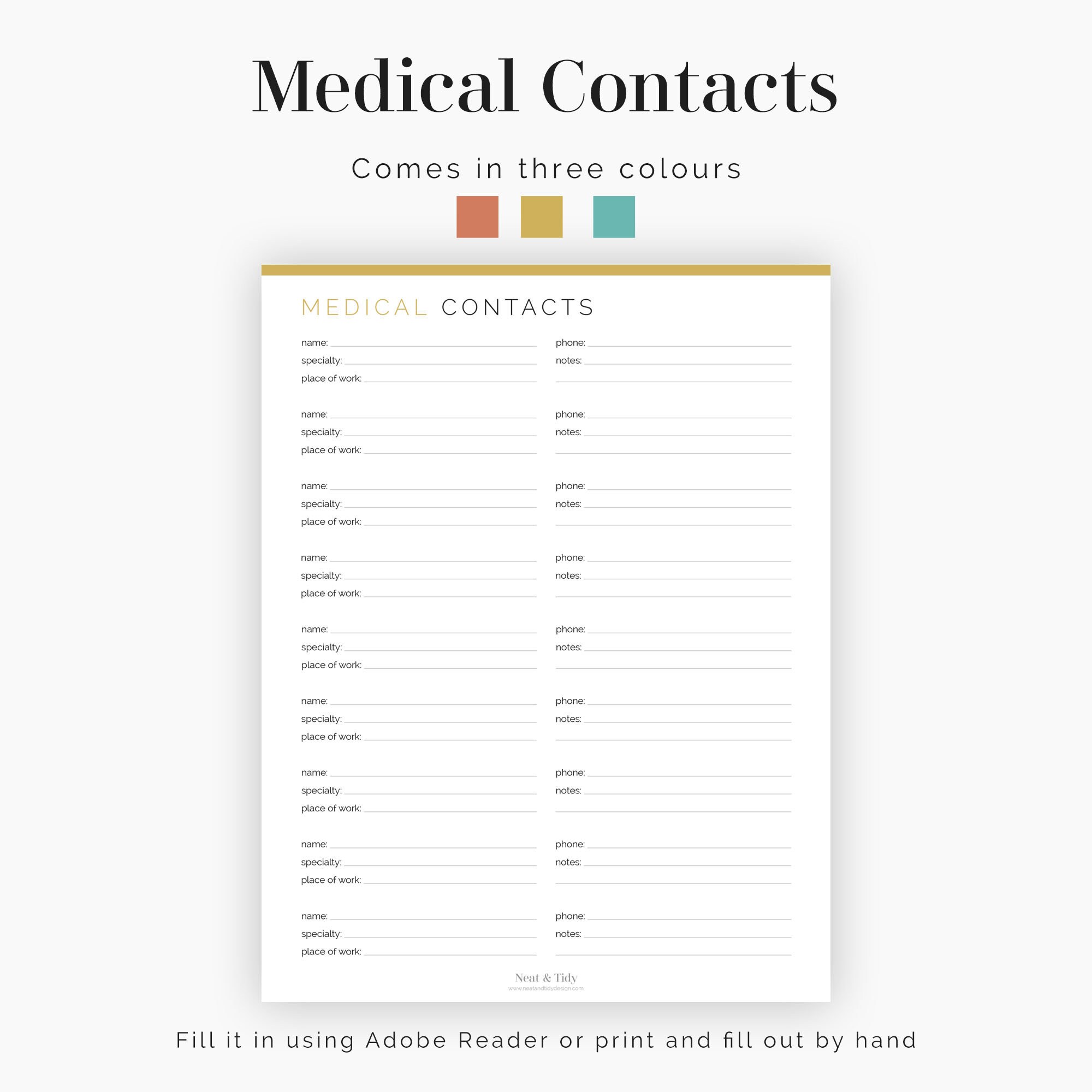 Medical Contacts - Fillable - Healthcare Contact List - Health ...