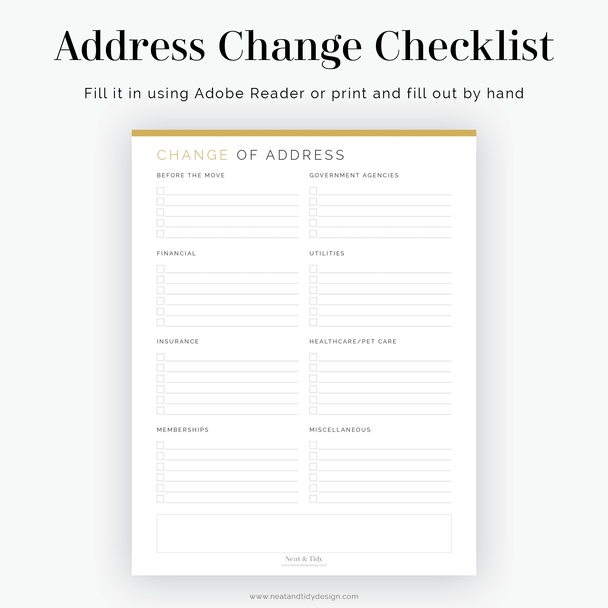 Change of Address Checklist - Fillable - Moving Planner - Printable ...