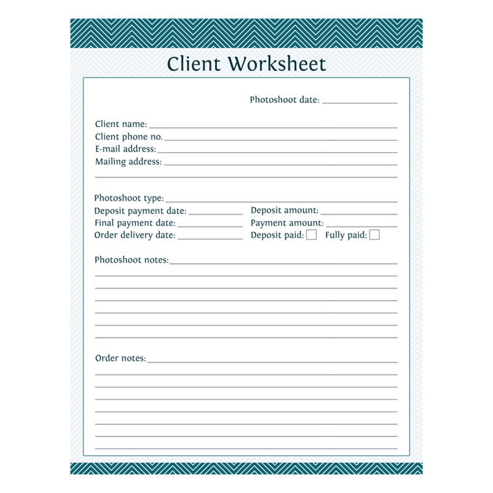 Client Worksheet Photography Business Organizing Chevron Fillable ...