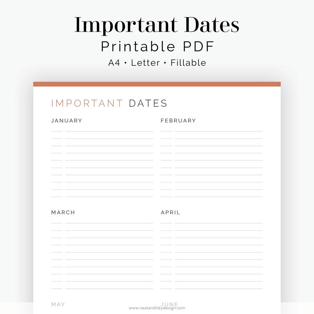 Important Dates - Fillable - Event Tracker, Birthday Tracker ...