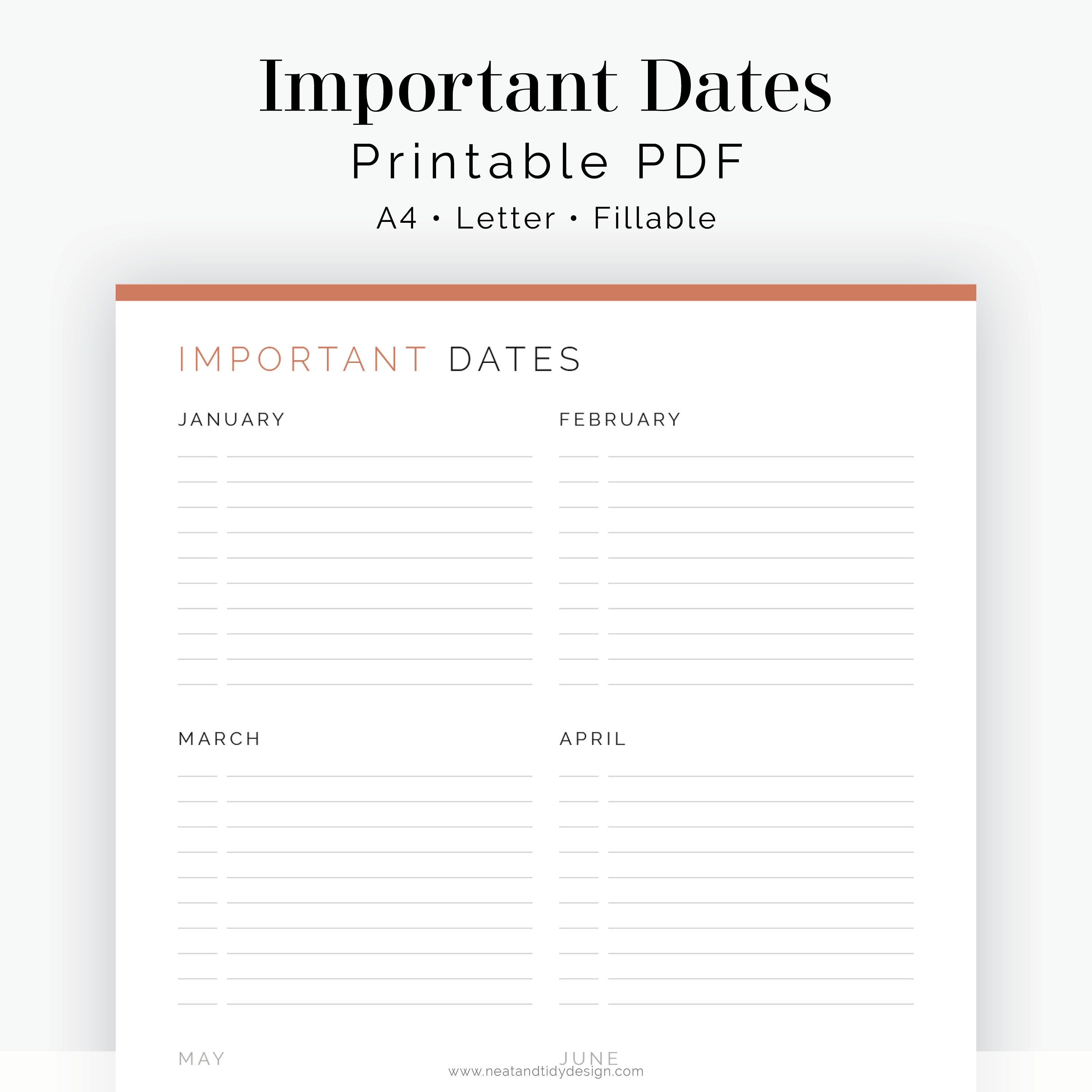 Important Dates - Fillable - Event Tracker, Birthday Tracker ...