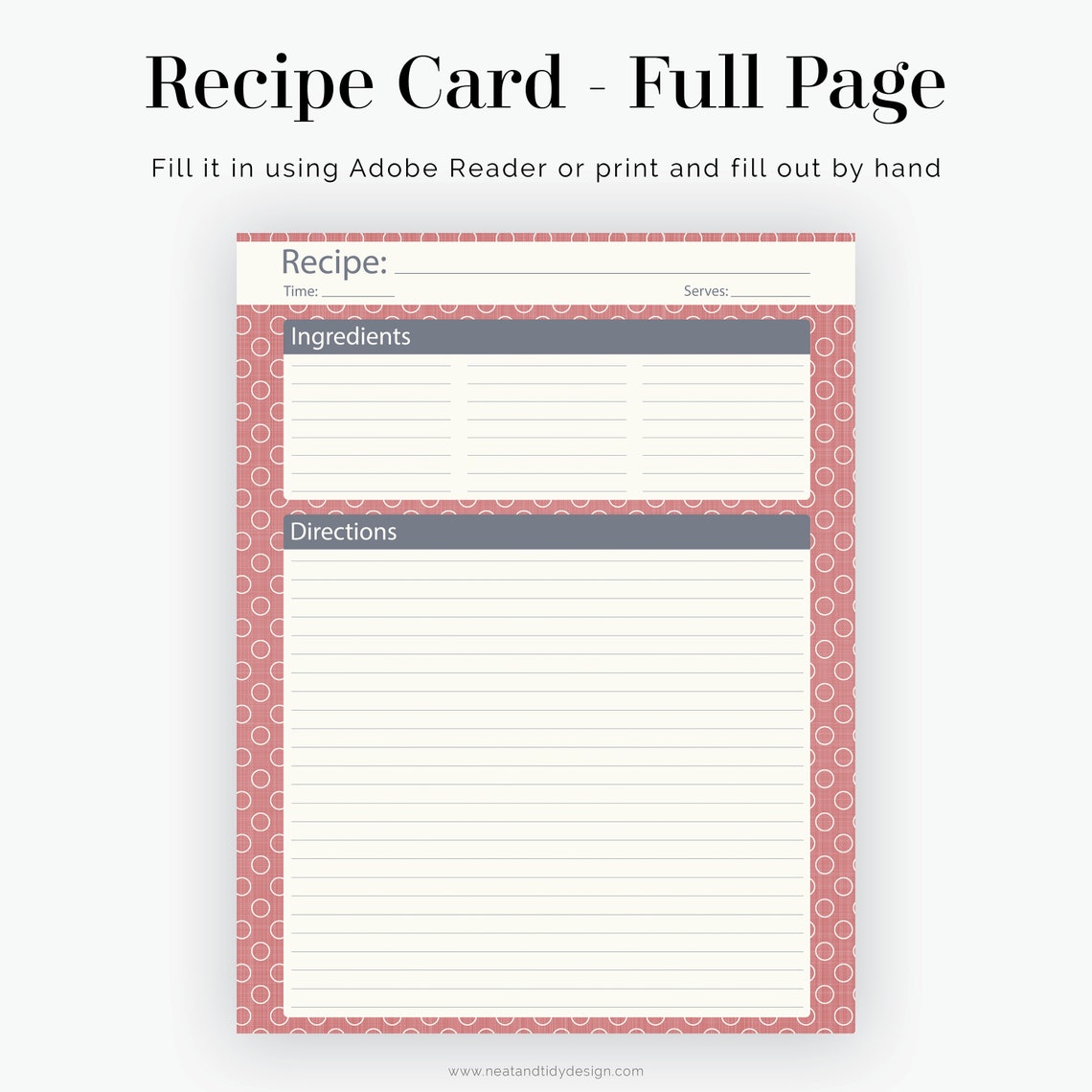 Recipe Card, Full Page - Fillable - Instant Download - Printable PDF - Etsy