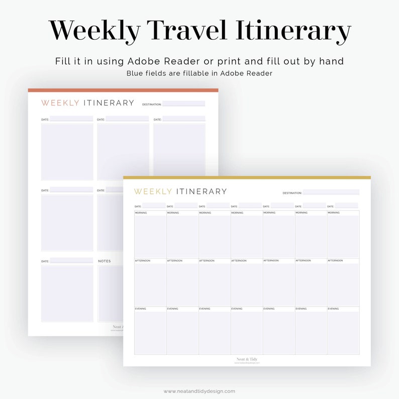 Weekly Travel Itinerary Planner - Fillable - Travel Planner, Vacation ...