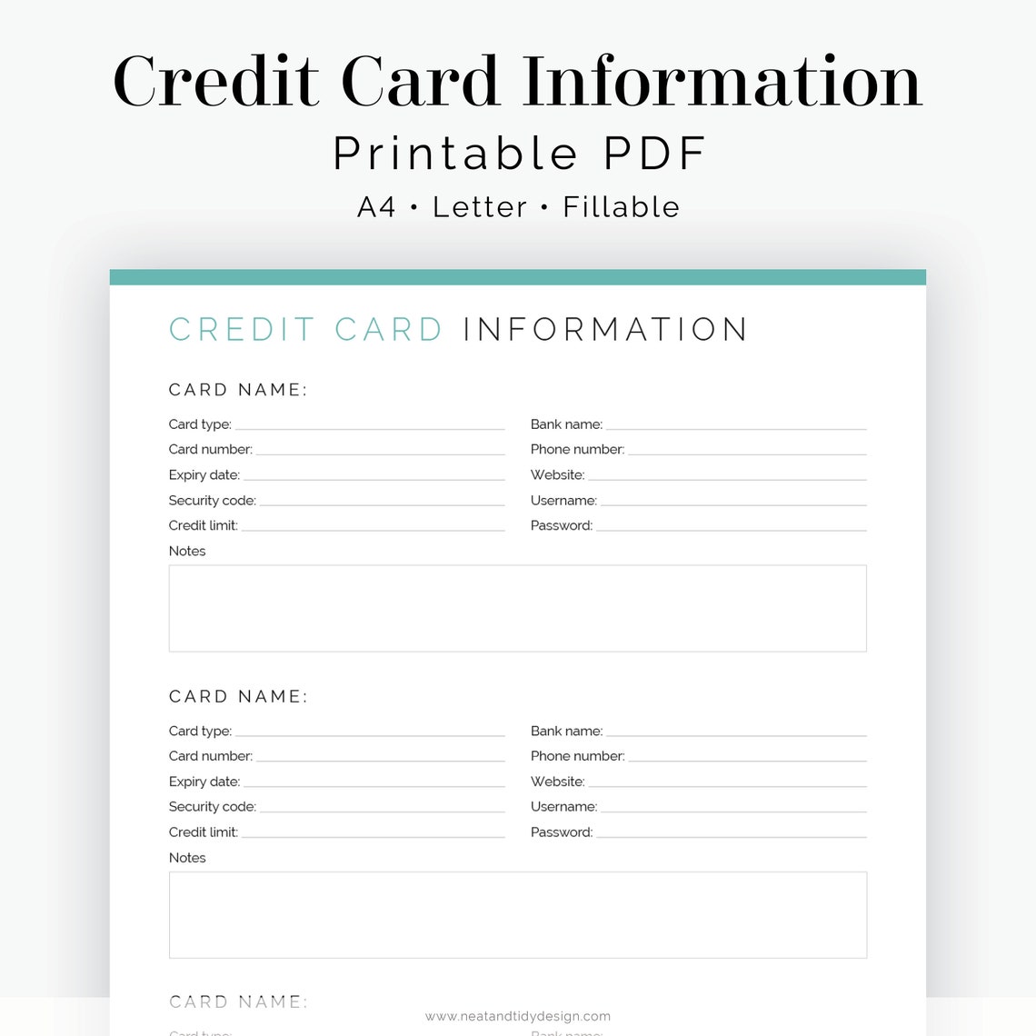 Credit Card Information - Fillable - Printable PDF - Finance Planner ...